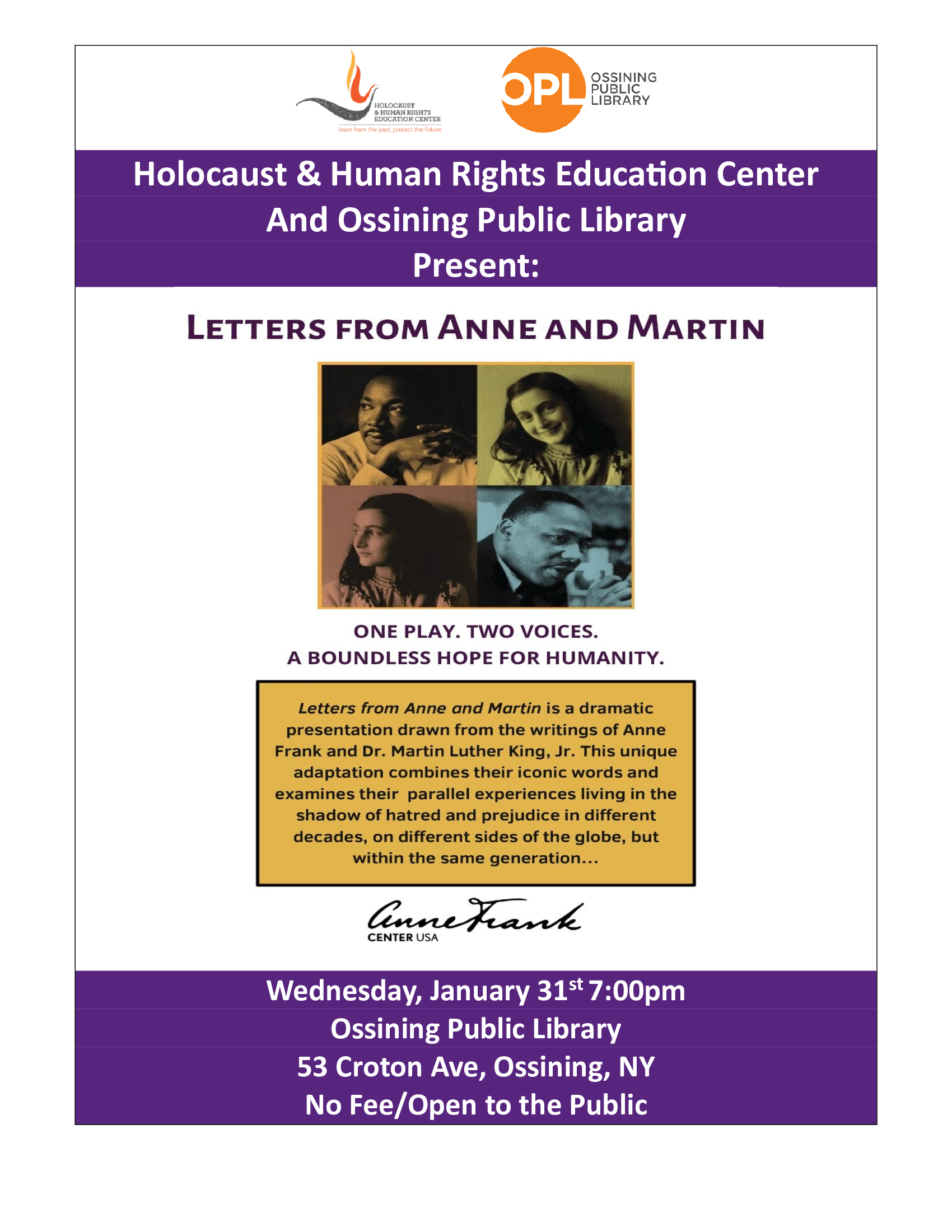 Letters From Anne and Martin Performance at Ossining Public Library – Holocaust and Human Rights ...