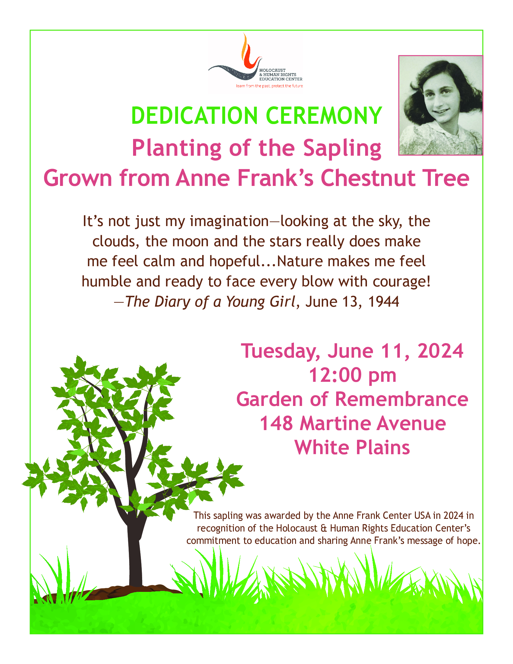 Dedication Ceremony for Planting Sapling From Anne Frank’s Tree ...